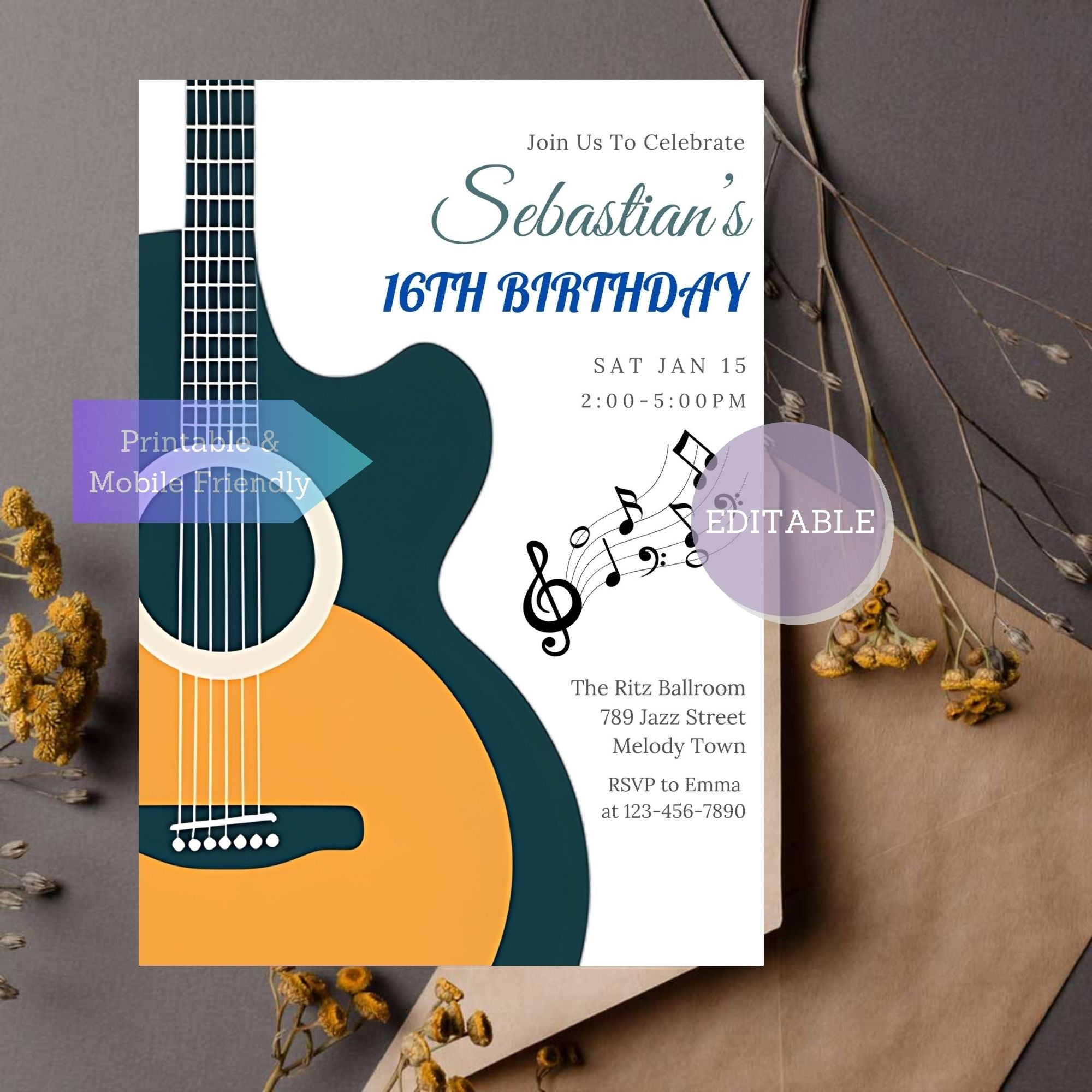Guitar Birthday Party Invitation Template - Musical Theme Card - Print ...