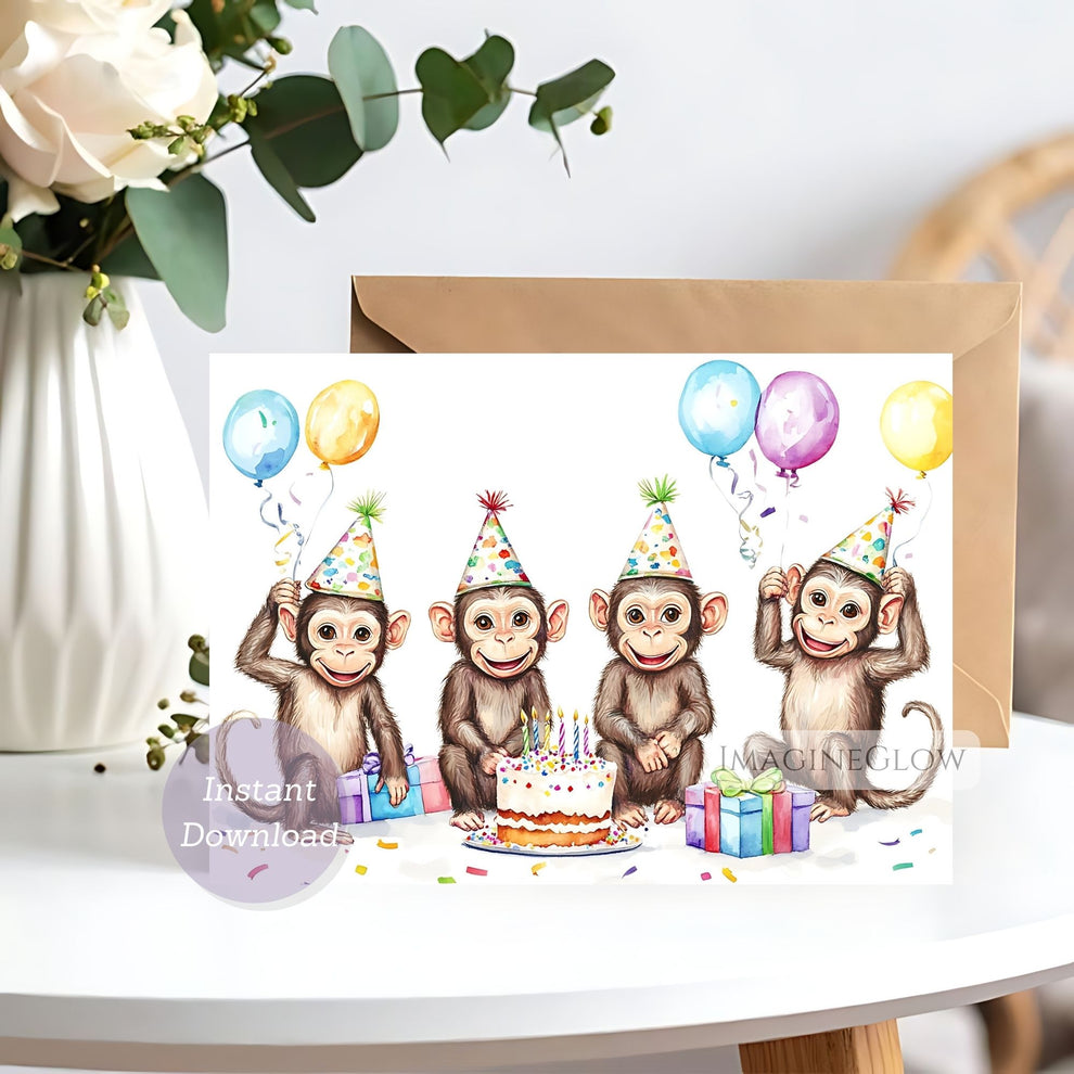 Monkey Birthday Card – Cute Jungle Animal Greeting Card – Imagine Glow