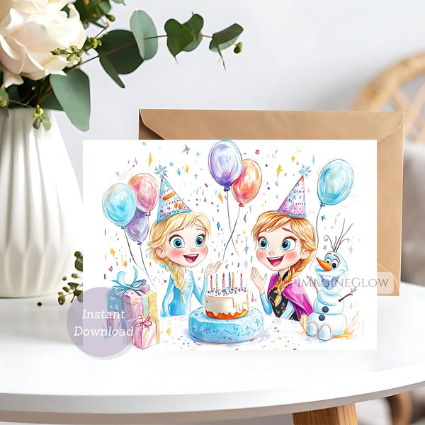 Frozen Birthday Card – Elsa and Anna Princess Printable Card – Imagine Glow