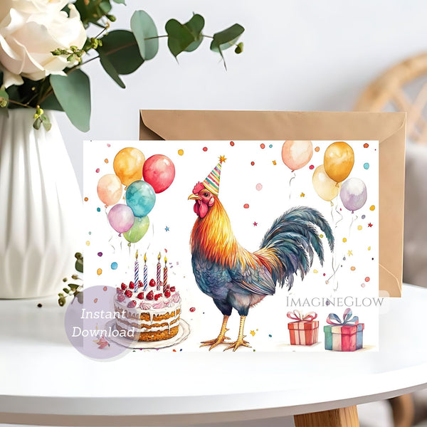 Rooster Birthday Card – Farm Animal Chicken Greeting Card – Imagine Glow
