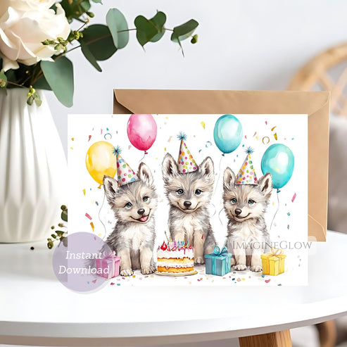 Wolf Birthday Card – Wildlife Animal Greeting Printable Card – Imagine Glow