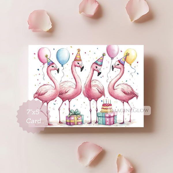 Flamingos Birthday Card –Elegant Tropical Bird Greeting Card – Imagine Glow
