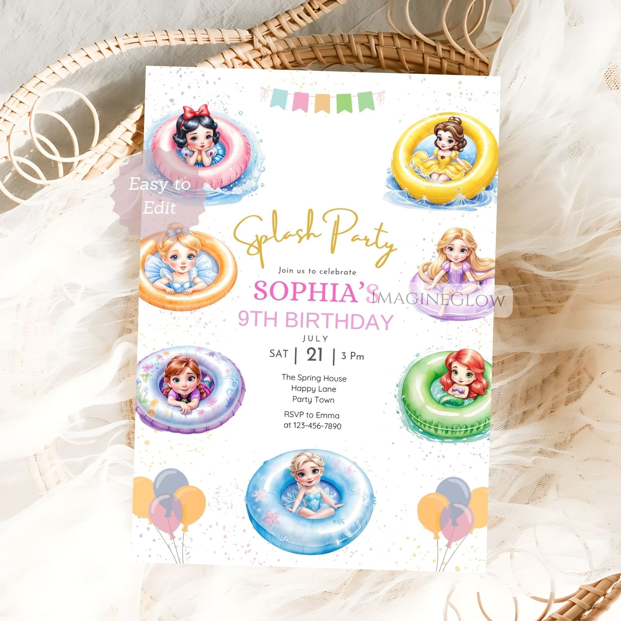 Princess Pool Party Invitation – Elsa Anna Ariel Invite – Imagine Glow